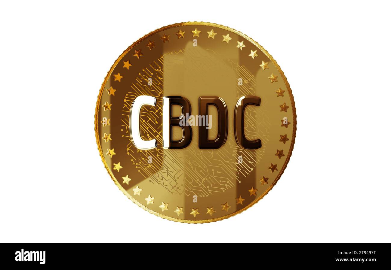 CBDC Digital Currency cryptocurrency isolated gold coin on green screen background. Abstract ...