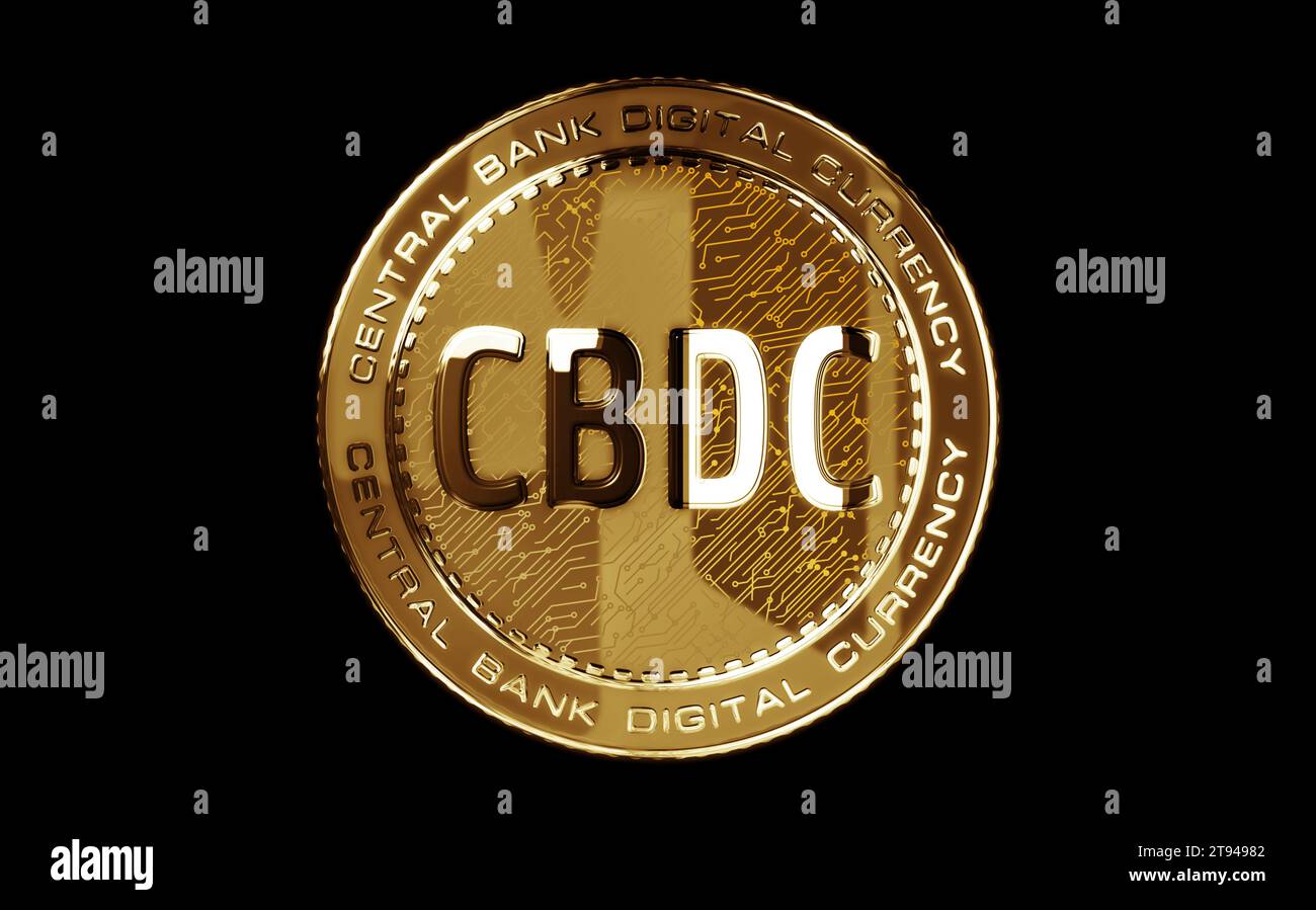 CBDC Digital Currency cryptocurrency isolated gold coin on green screen background. Abstract ...