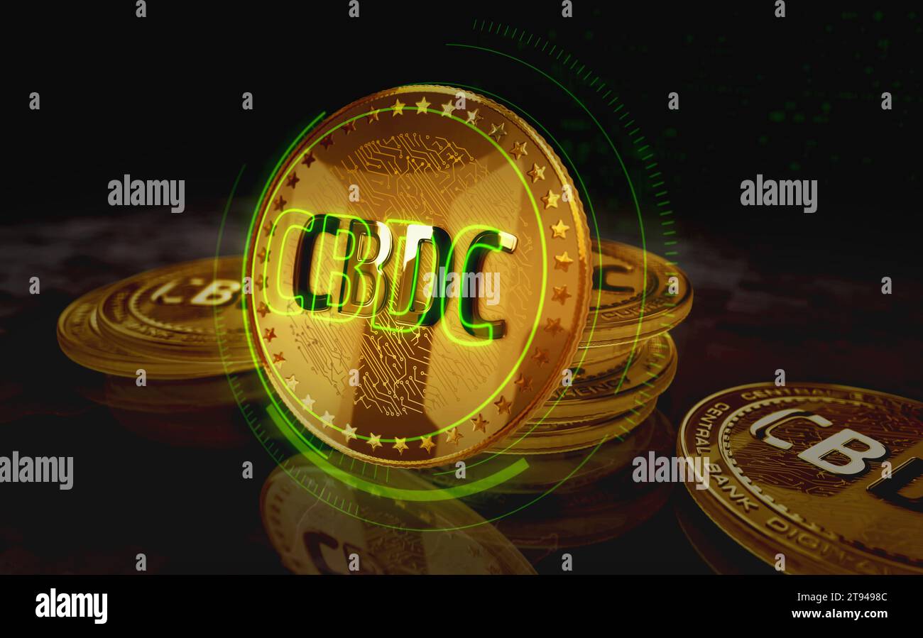 CBDC Digital Currency cryptocurrency gold coin on green screen background. Abstract concept 3d ...