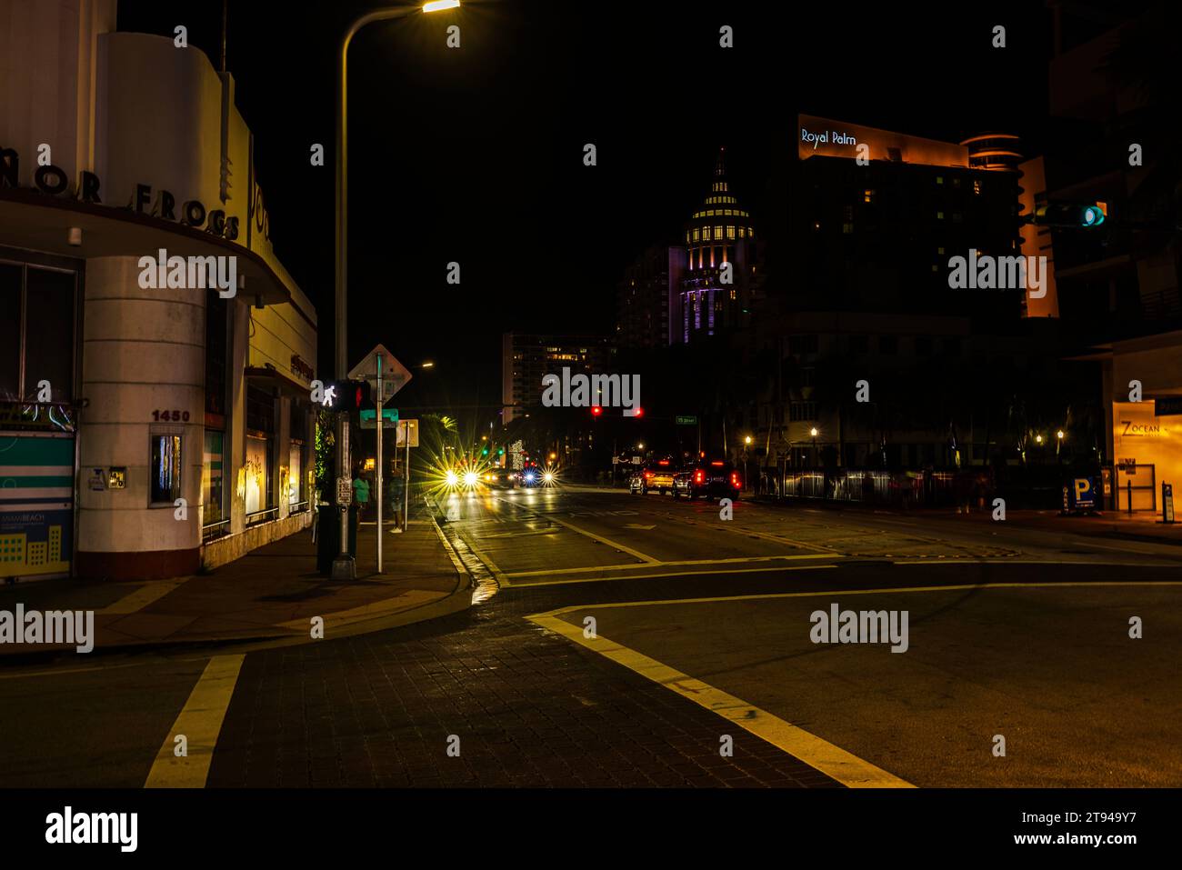 Night view of Miami Beach with Royal Palm Hotel in background and ...