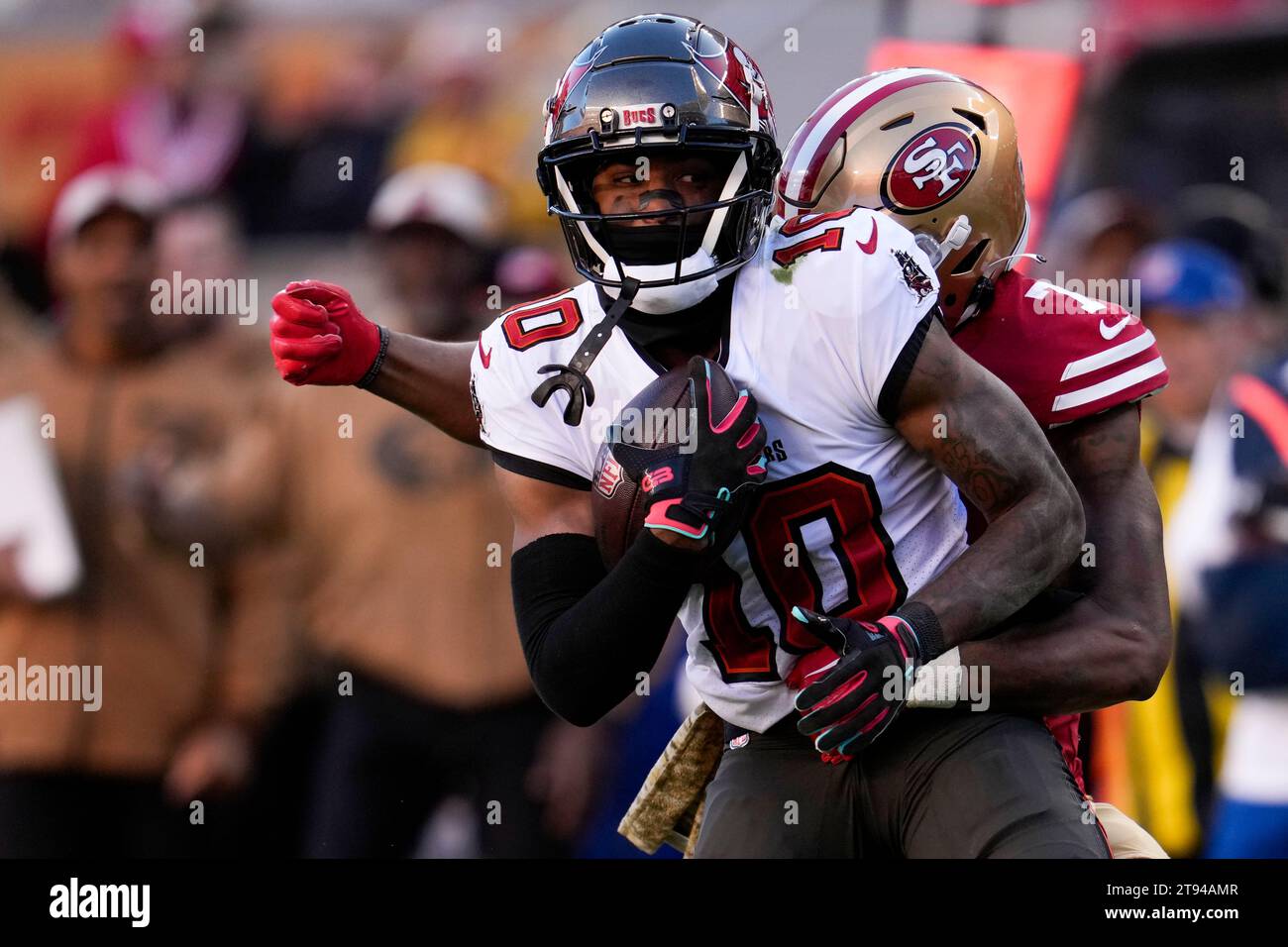 Tampa Bay Buccaneers wide receiver Trey Palmer (10) is tackled by San ...