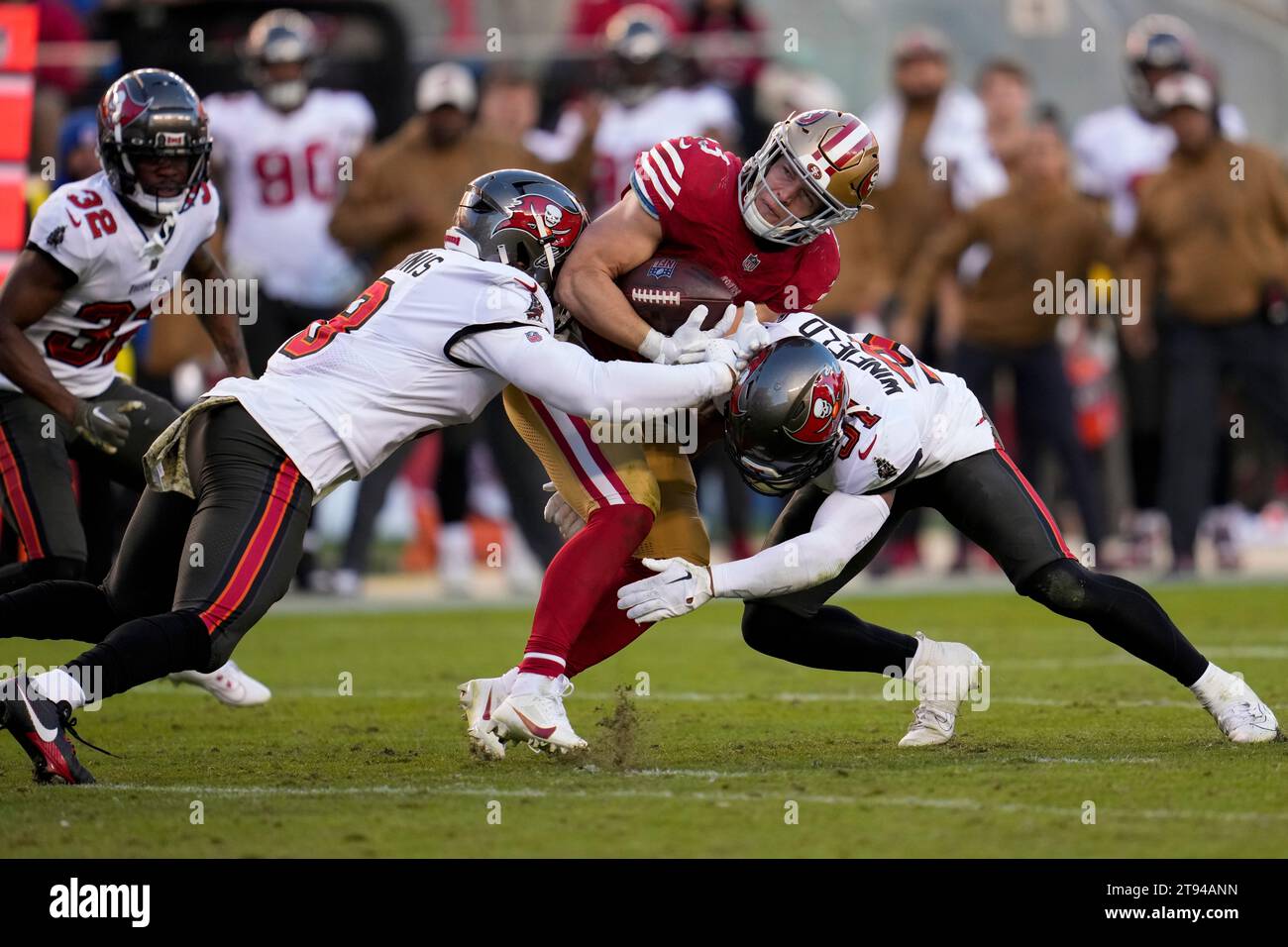 Tampa Bay Buccaneers linebacker SirVocea Dennis, left, and safety Antoine Winfield Jr., right ...