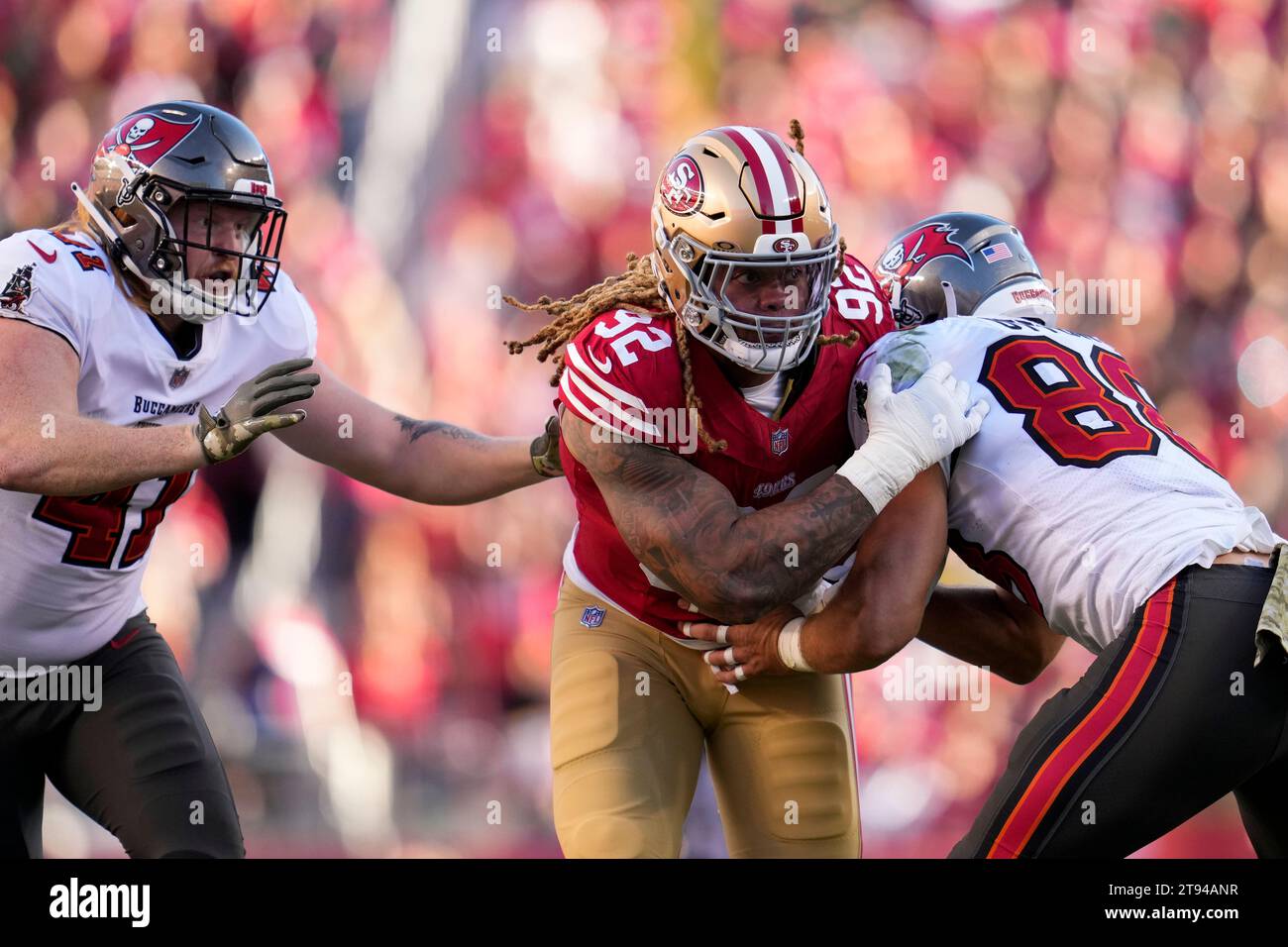 San Francisco 49ers defensive end Chase Young (92) is blocked by Tampa ...
