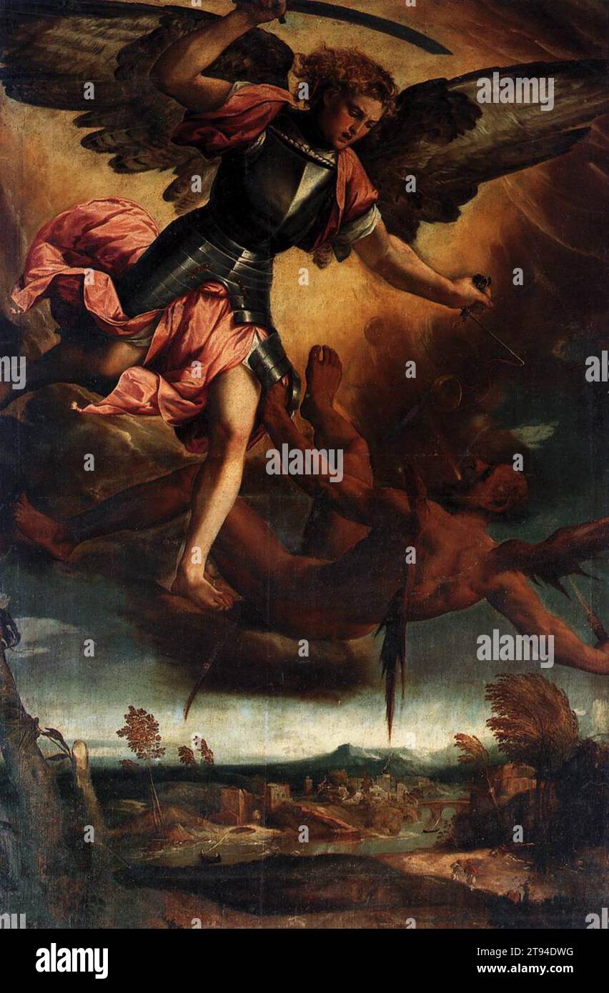 St Michael Vanquishing the Devil c. 1530 by Bonifacio Veronese Stock ...
