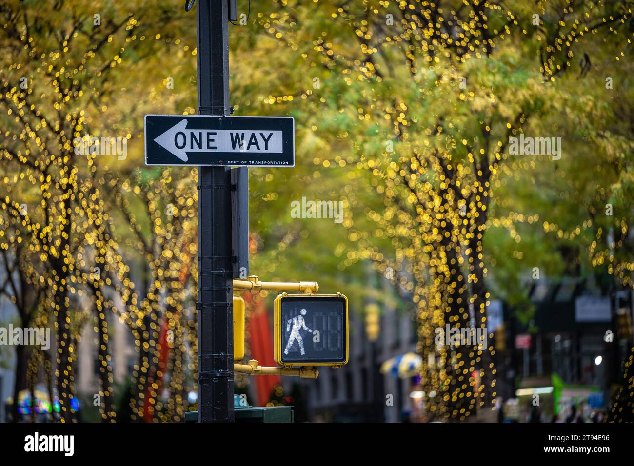 Pedestrian and One way traffic lights on the streets of New York Stock ...