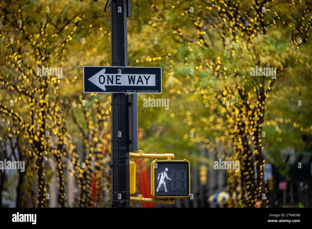 Pedestrian and One way traffic lights on the streets of New York Stock ...