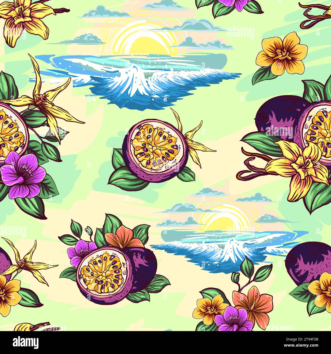 Abstract paradise island seamless pattern. Tropical pattern with sunset ...