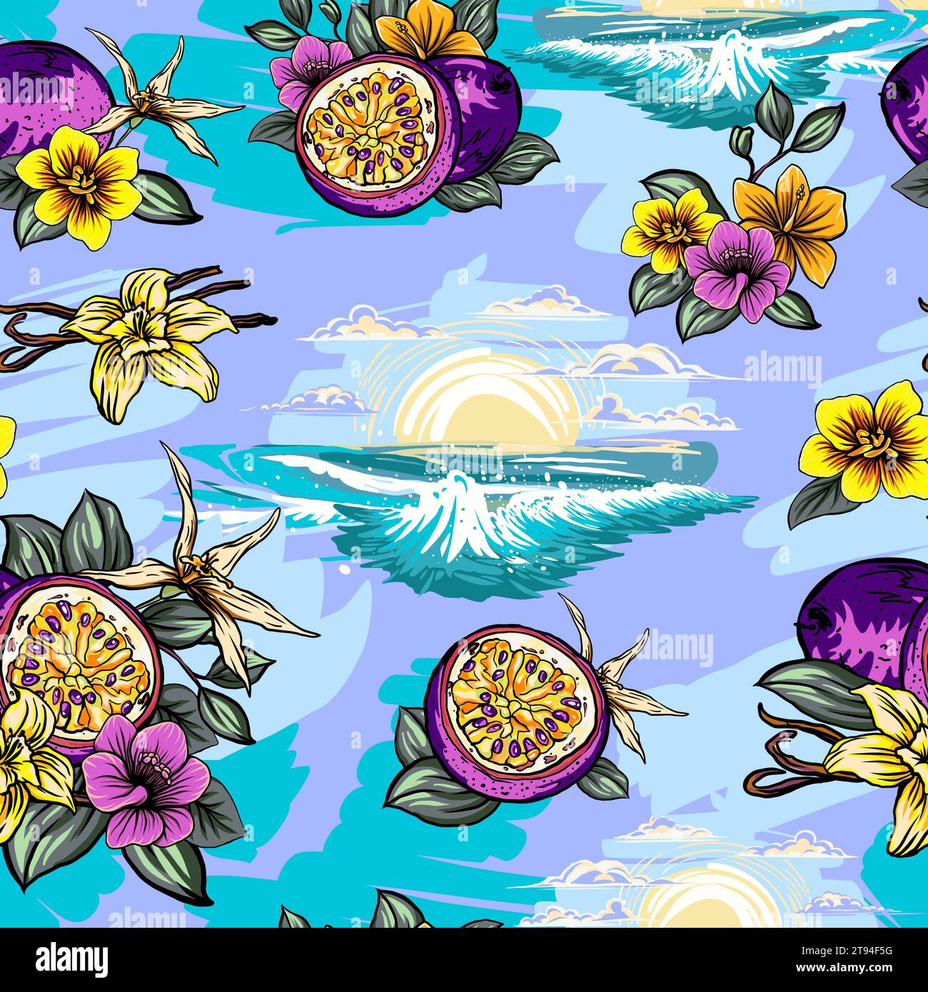 Tropical background with sunset sea and passion fruit with flowers and ...
