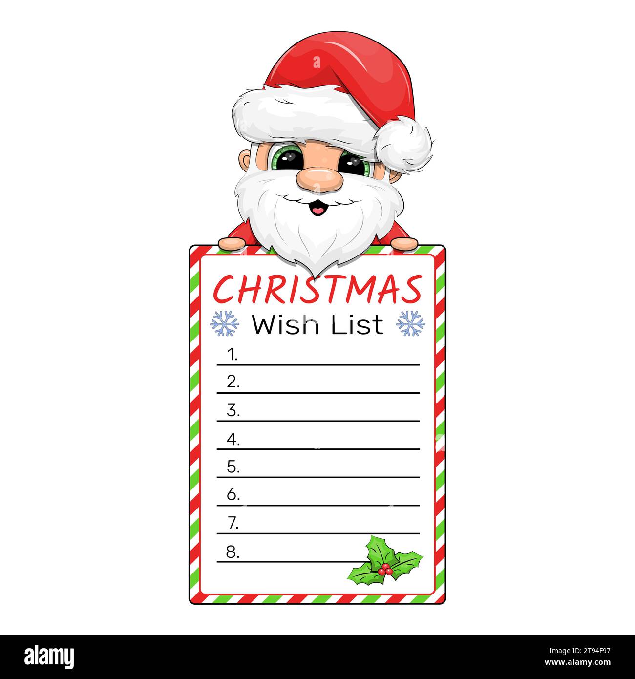 Cute cartoon Santa Claus with a Christmas Wish List. Vector ...