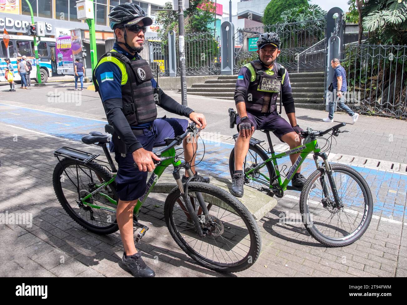 Police patrolling on bicycle through the city of San Jose, capital of ...