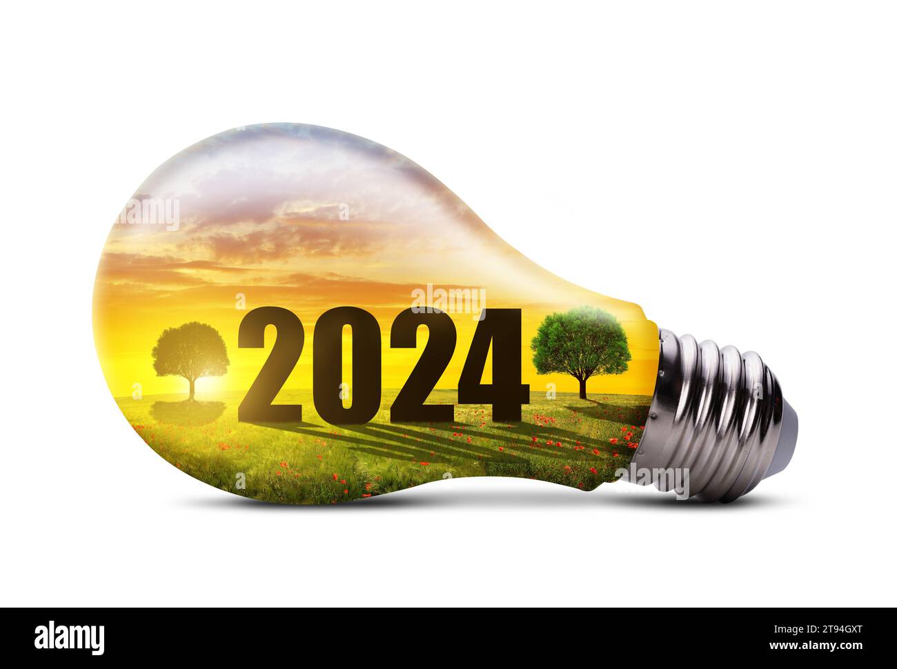 Eco LED light bulb with number 2024 isolated on a white background ...