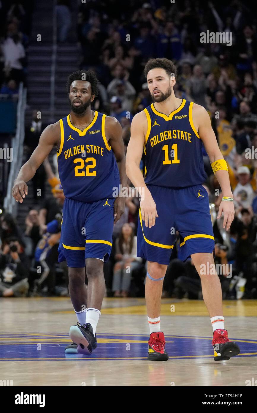 Golden State Warriors forward Andrew Wiggins (22) and guard Klay Thompson (11) during an NBA ...