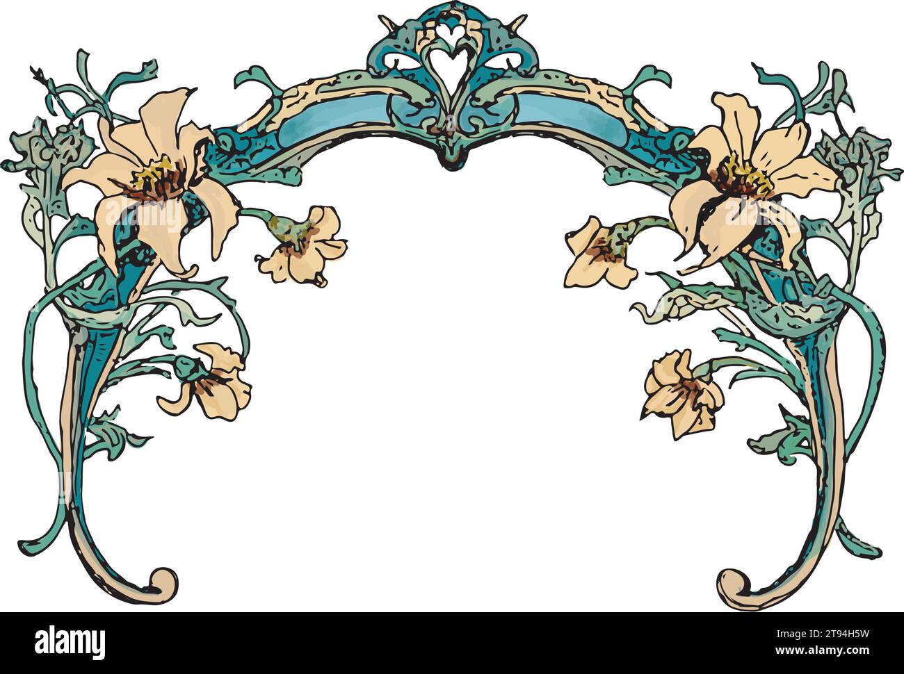 Tan and green flower arch, design element in art nouveau style, tan flowers with green baroque ...