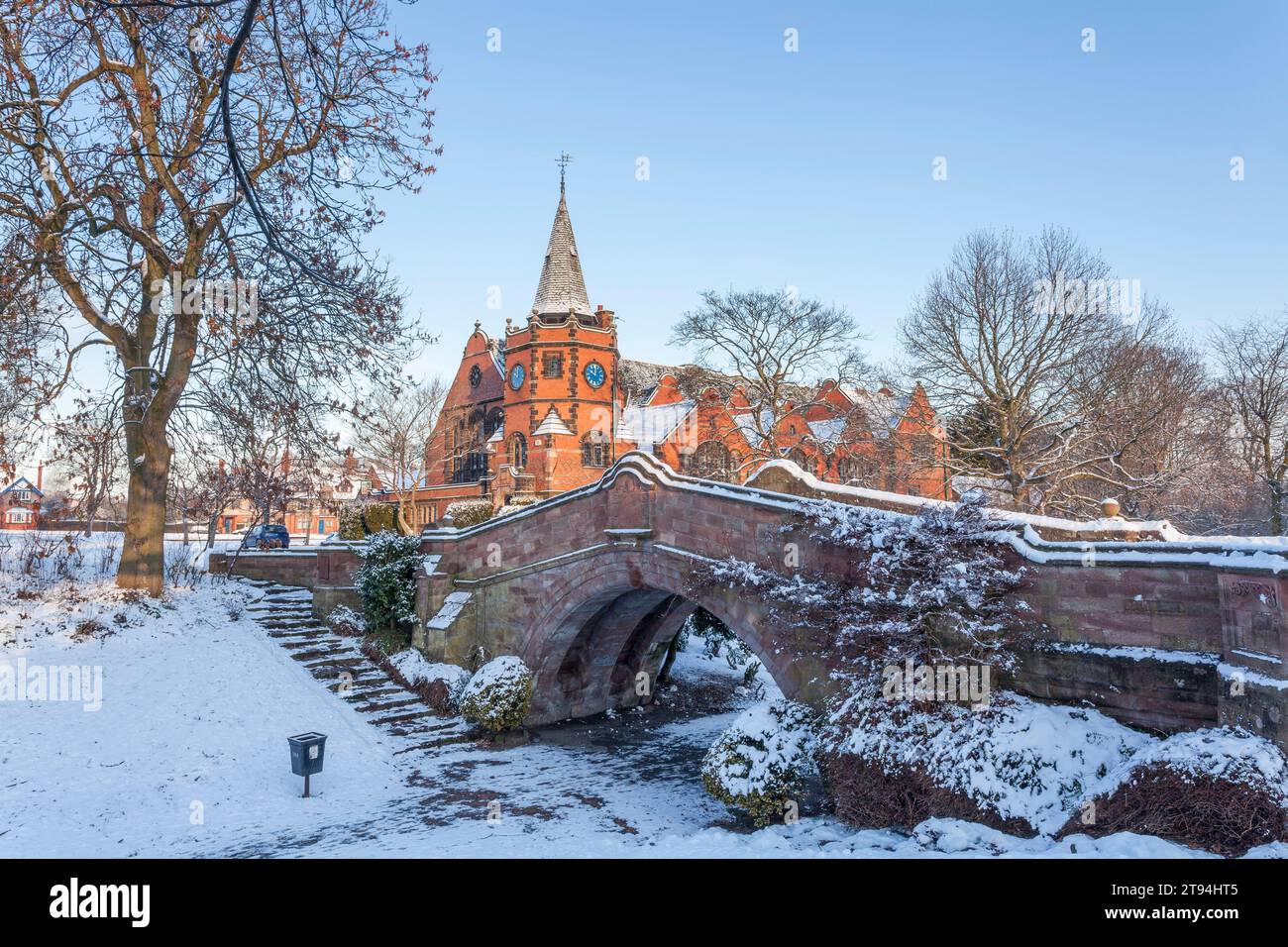 The Dell Bridge, Port Sunlight, in winter with the Lyceum building ...