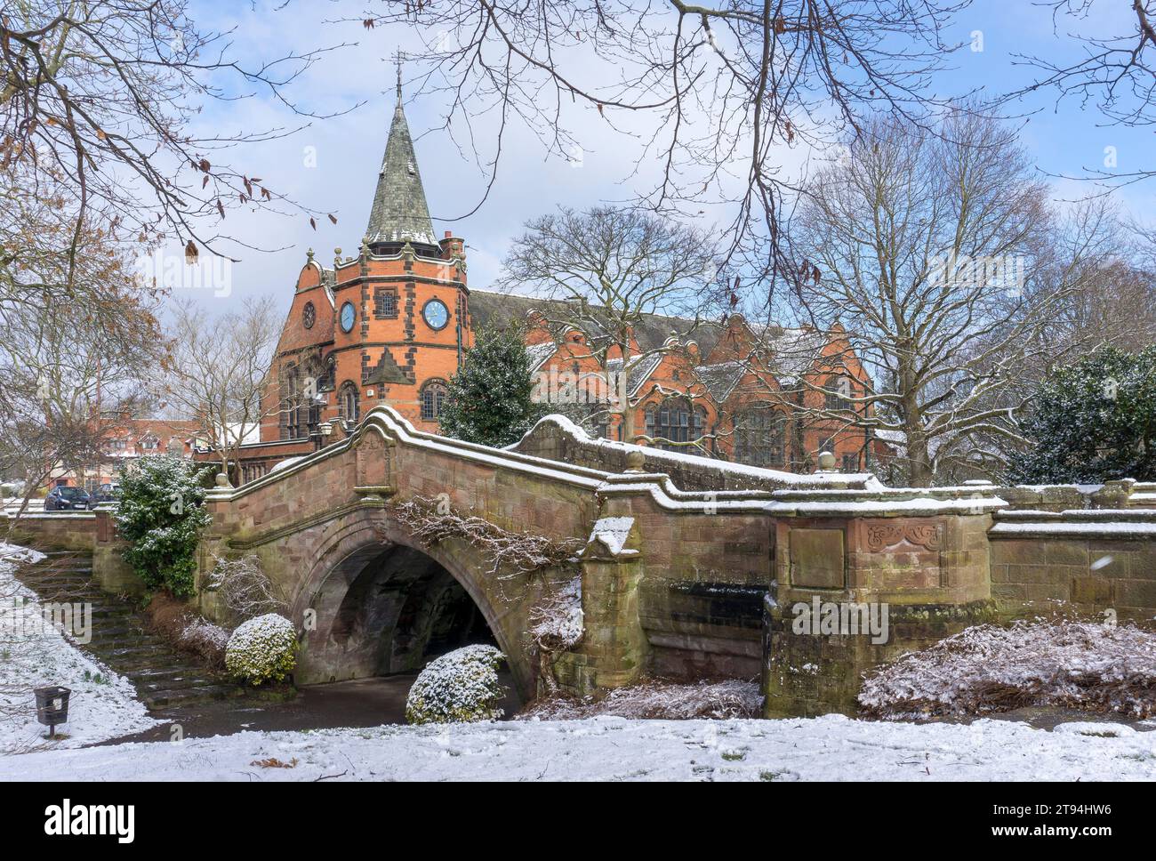 The Dell Bridge, Port Sunlight, in winter with the Lyceum building ...