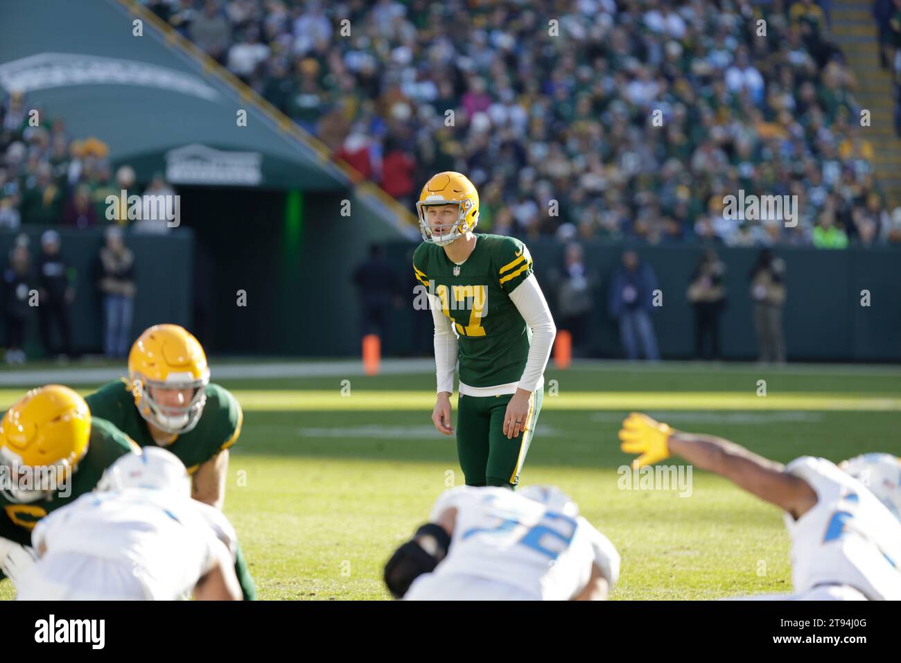 Green Bay Packers place kicker Anders Carlson (17) during an NFL ...