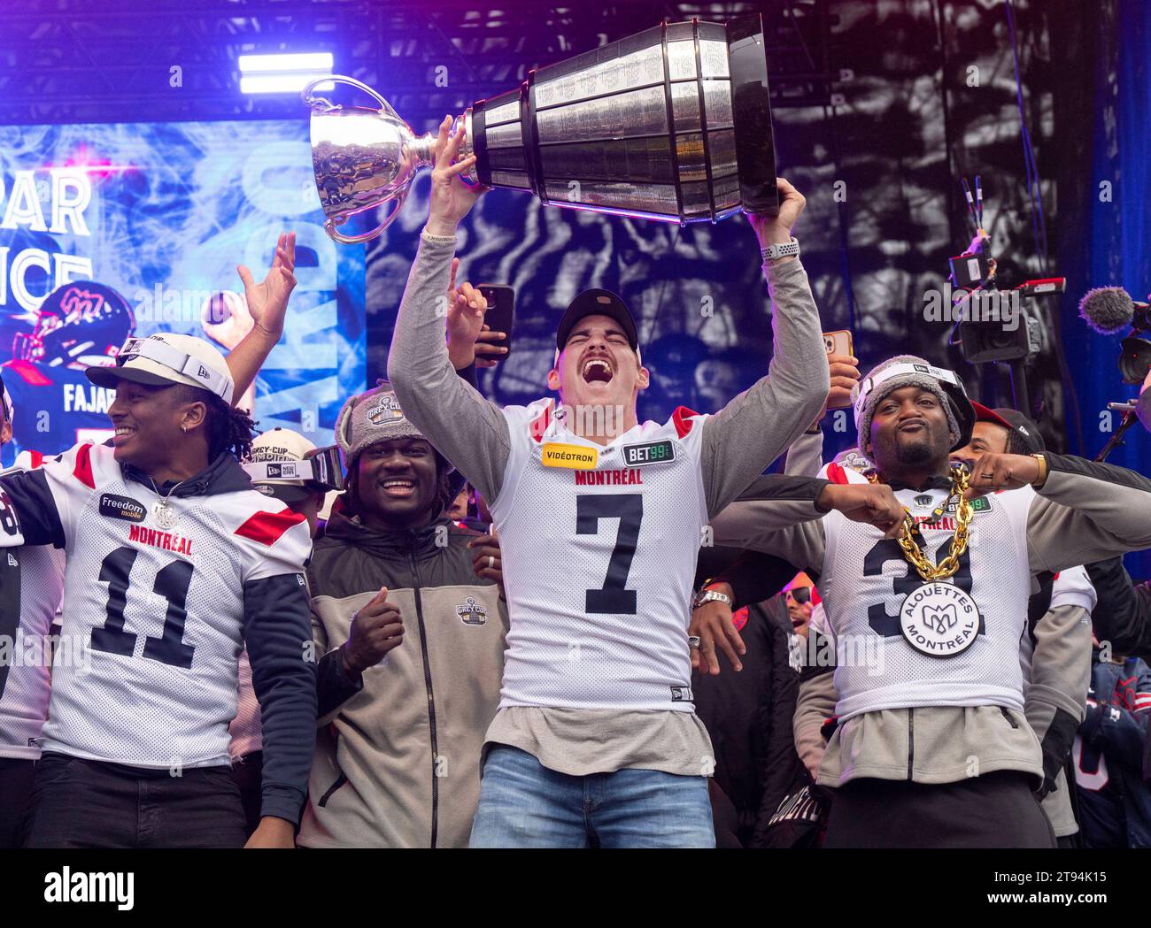 Montreal Alouettes CFL football quarterback Cody Fajardo hoists the cup ...