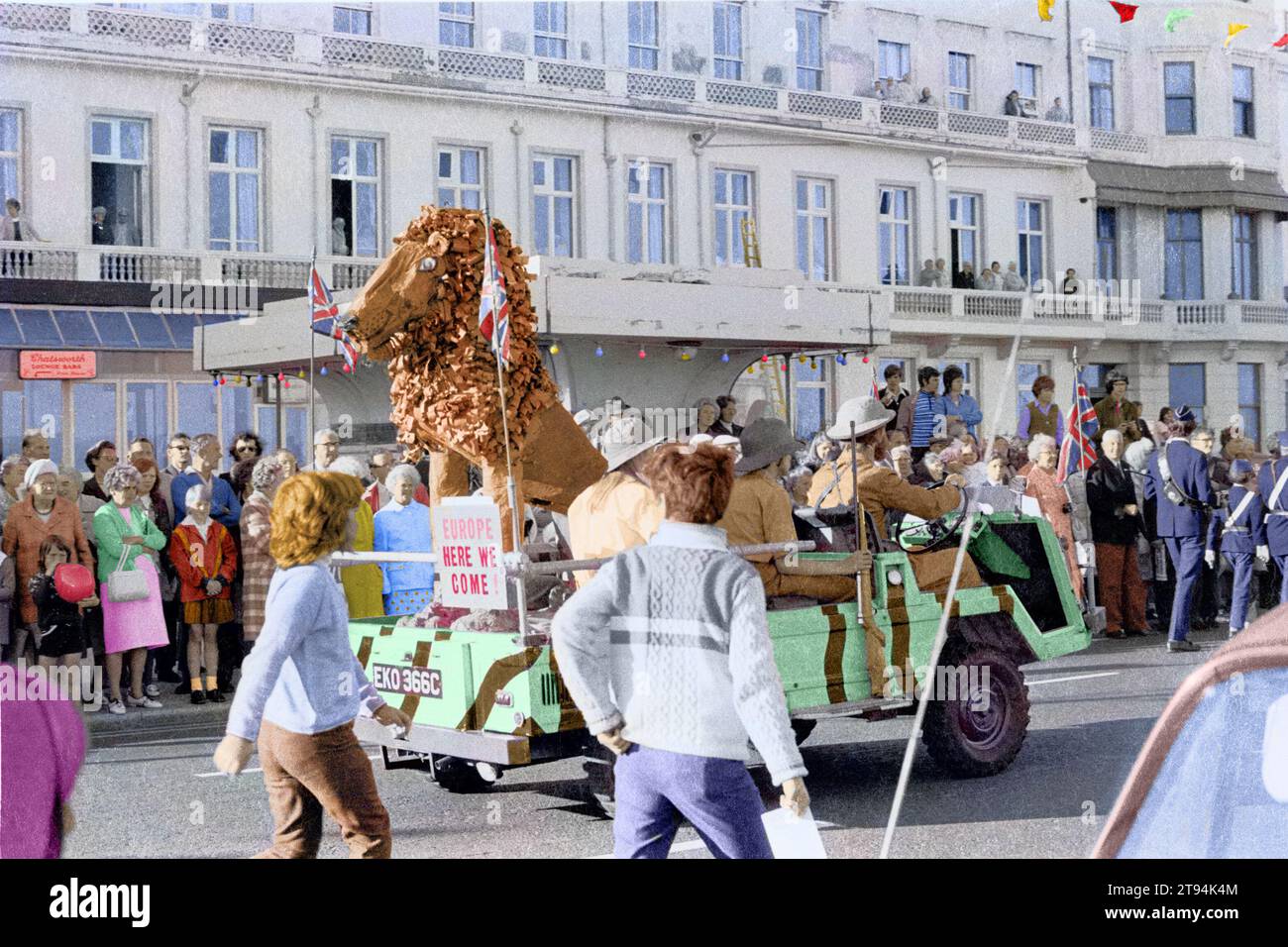 colourised bw photo of joining europe float in 1973 hastings carnival ...