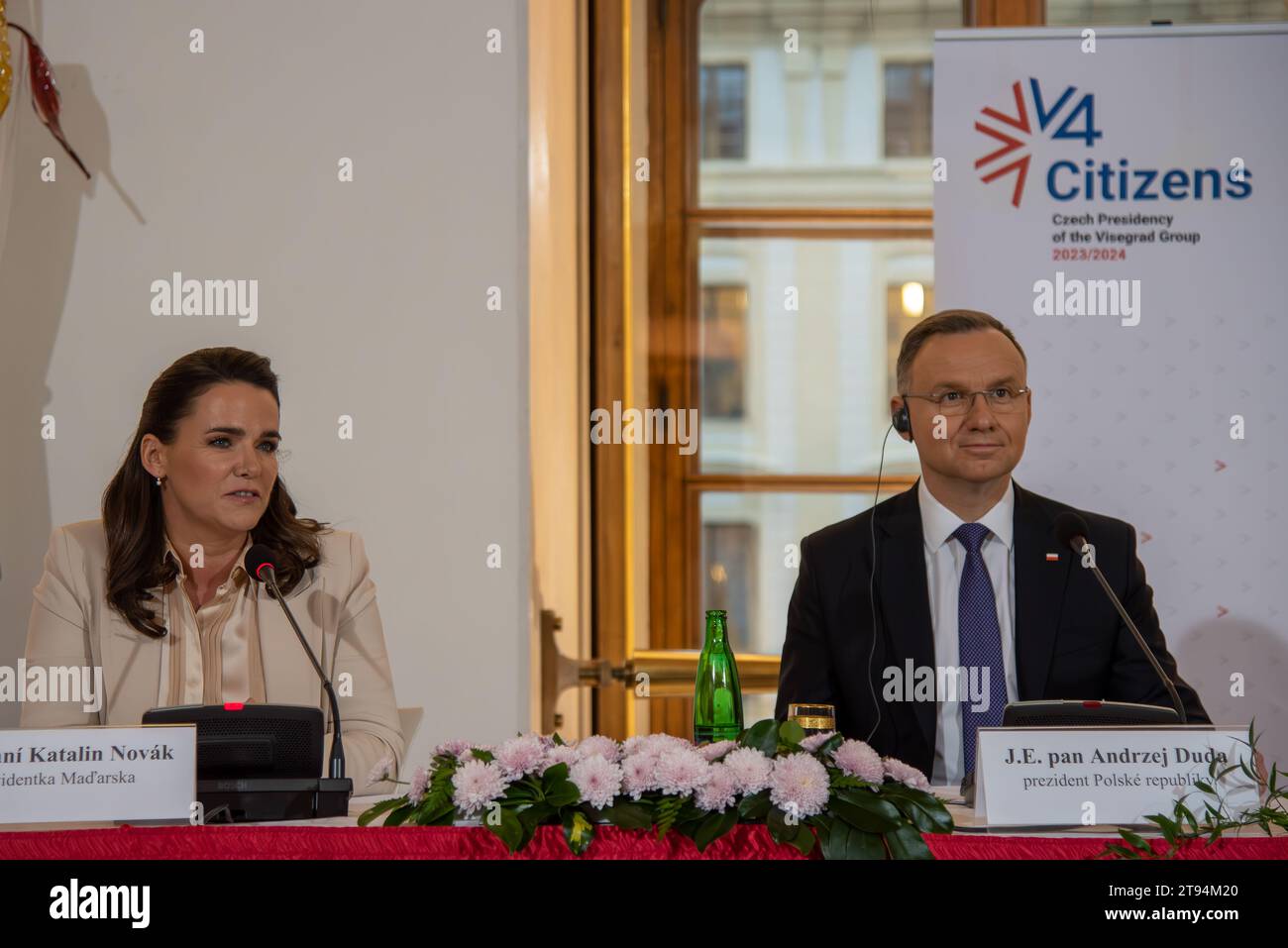 Hungarian president Katalin Novak (L) and Polish president Andrzej Duda ...