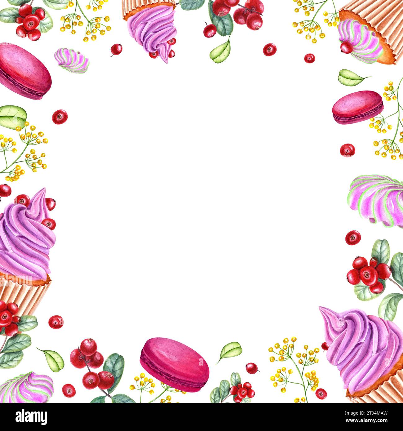 Square frame with desserts, lingonberries and yellow flowers. Cupcake ...