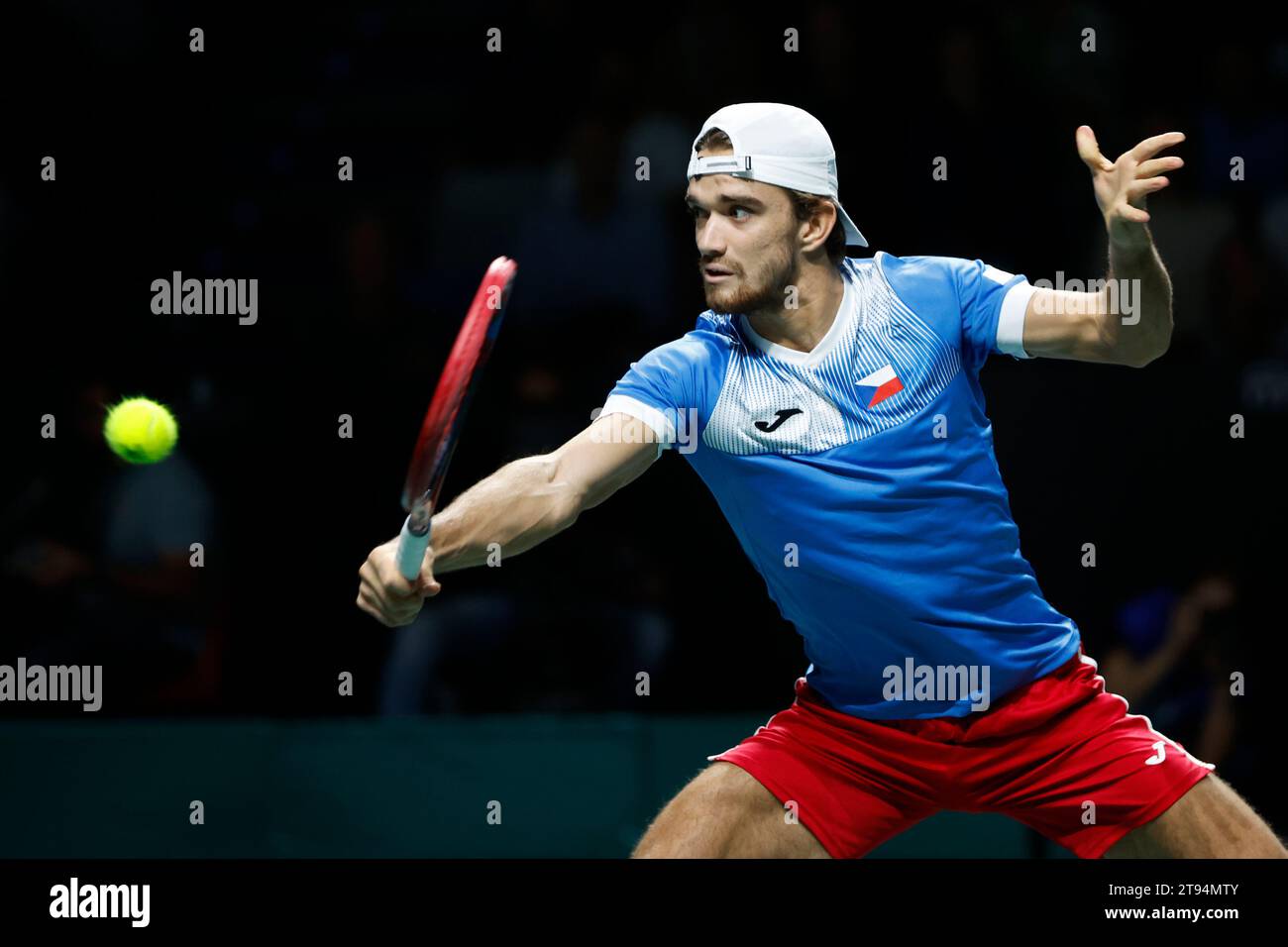 Czech tennis player Tomas Machac in action in the final group match of the men's Davis Cup 2023 ...