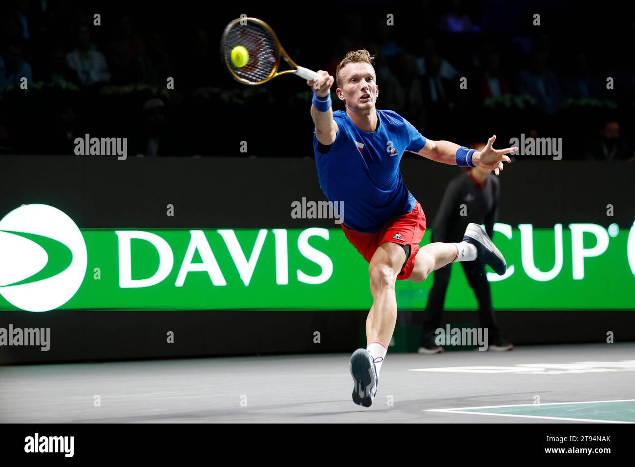 Czech tennis player Jiri Lehecka in action in the final group match of the men's Davis Cup 2023 ...