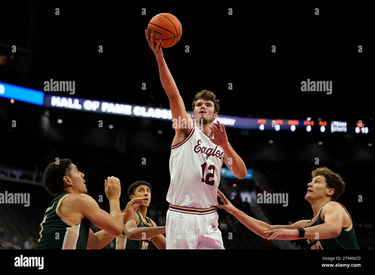 Boston College forward Quinten Post (12) puts up a shot during the ...