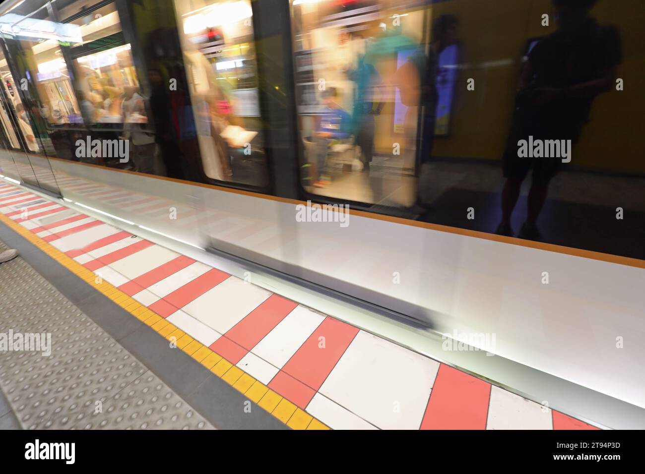 moving subway car at the departure in the underground terminus of the ...