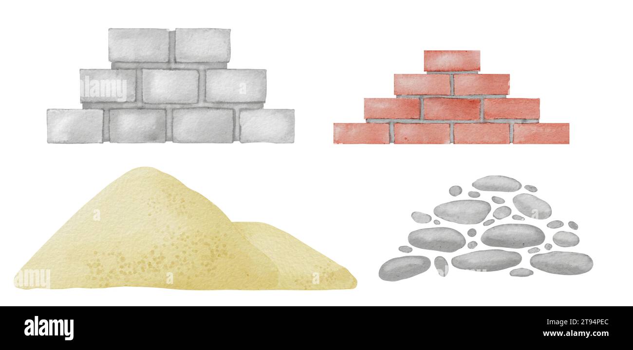 Brick and Sand Set. Watercolor illustration of building material. Hand ...