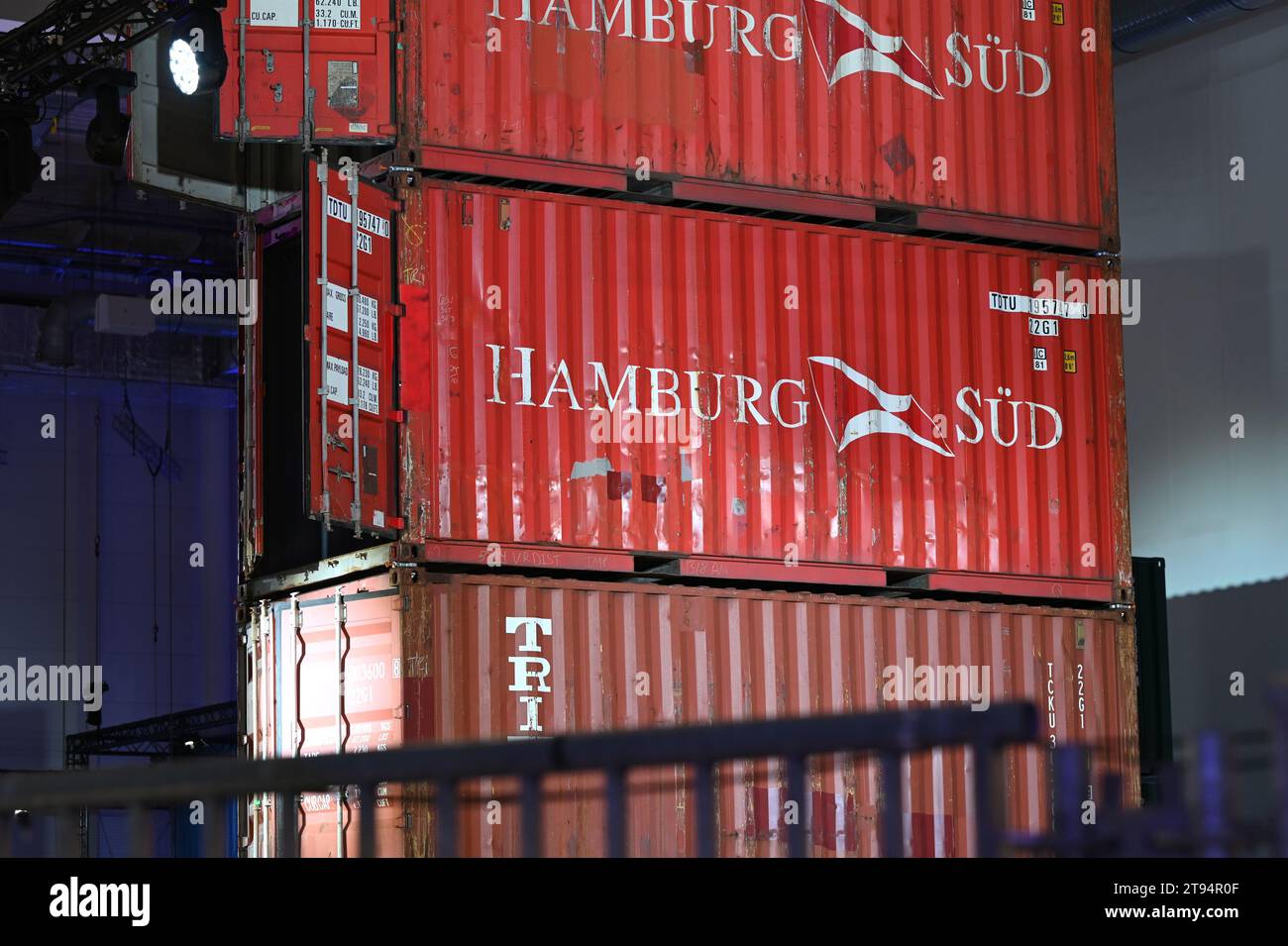 Freight containers stacked in a hall, Hamburg Stock Photo - Alamy
