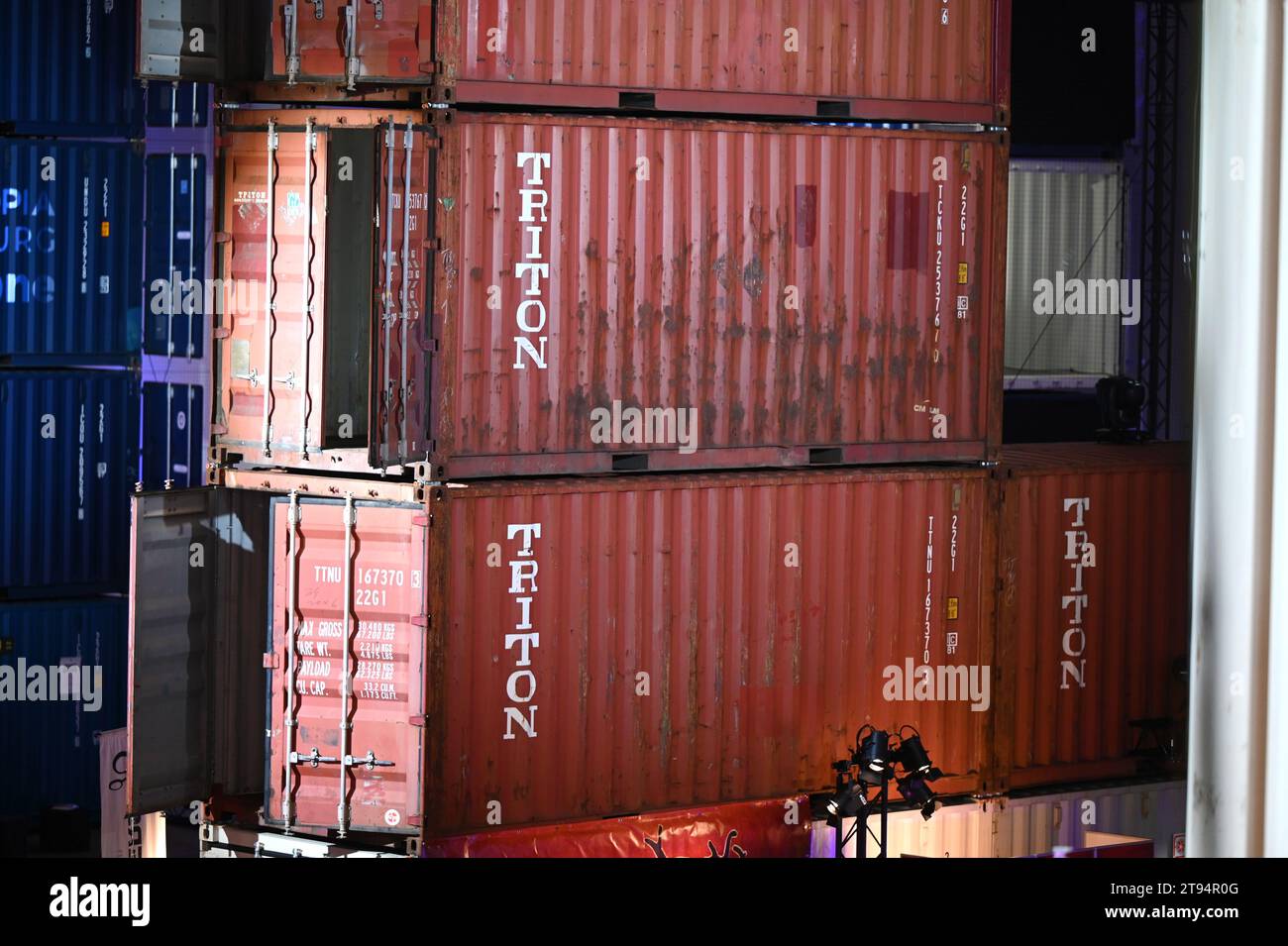Freight containers stacked in a hall, Hamburg Stock Photo - Alamy
