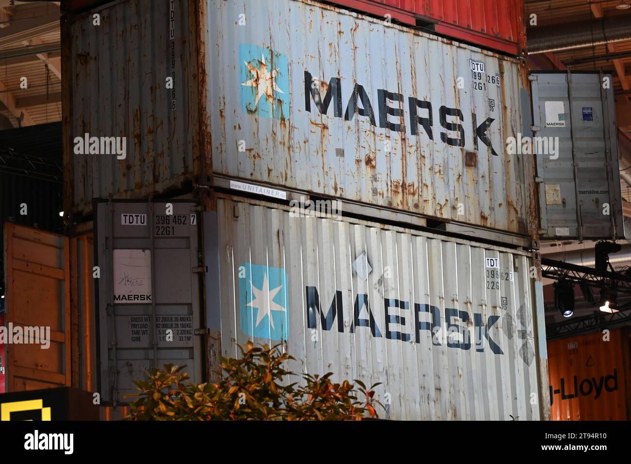 Freight containers stacked in a hall, Hamburg Stock Photo - Alamy