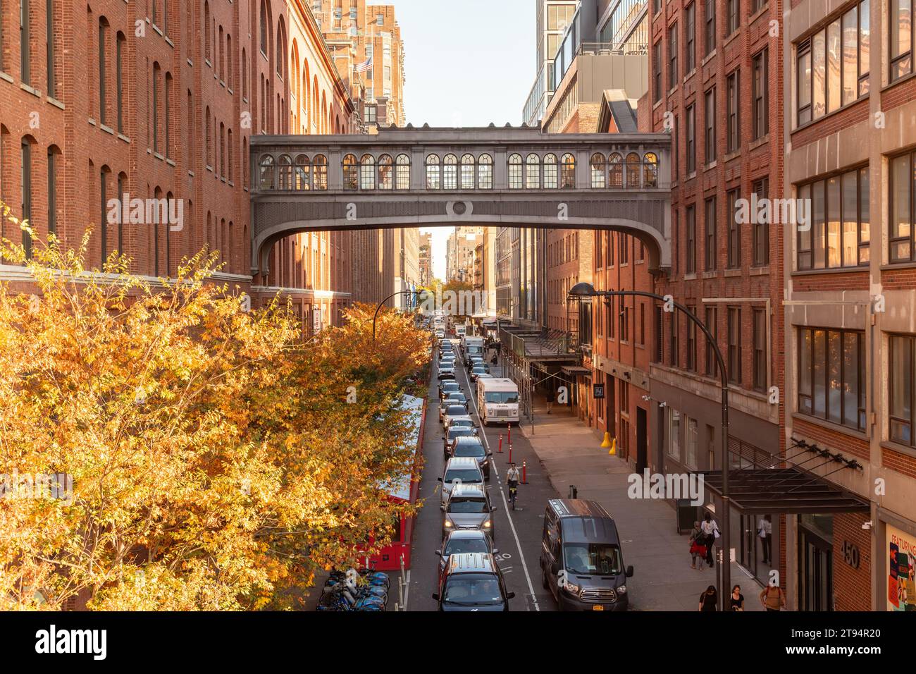 Skybridge or sky bridge photographed from the High Line, Chelsea Market ...