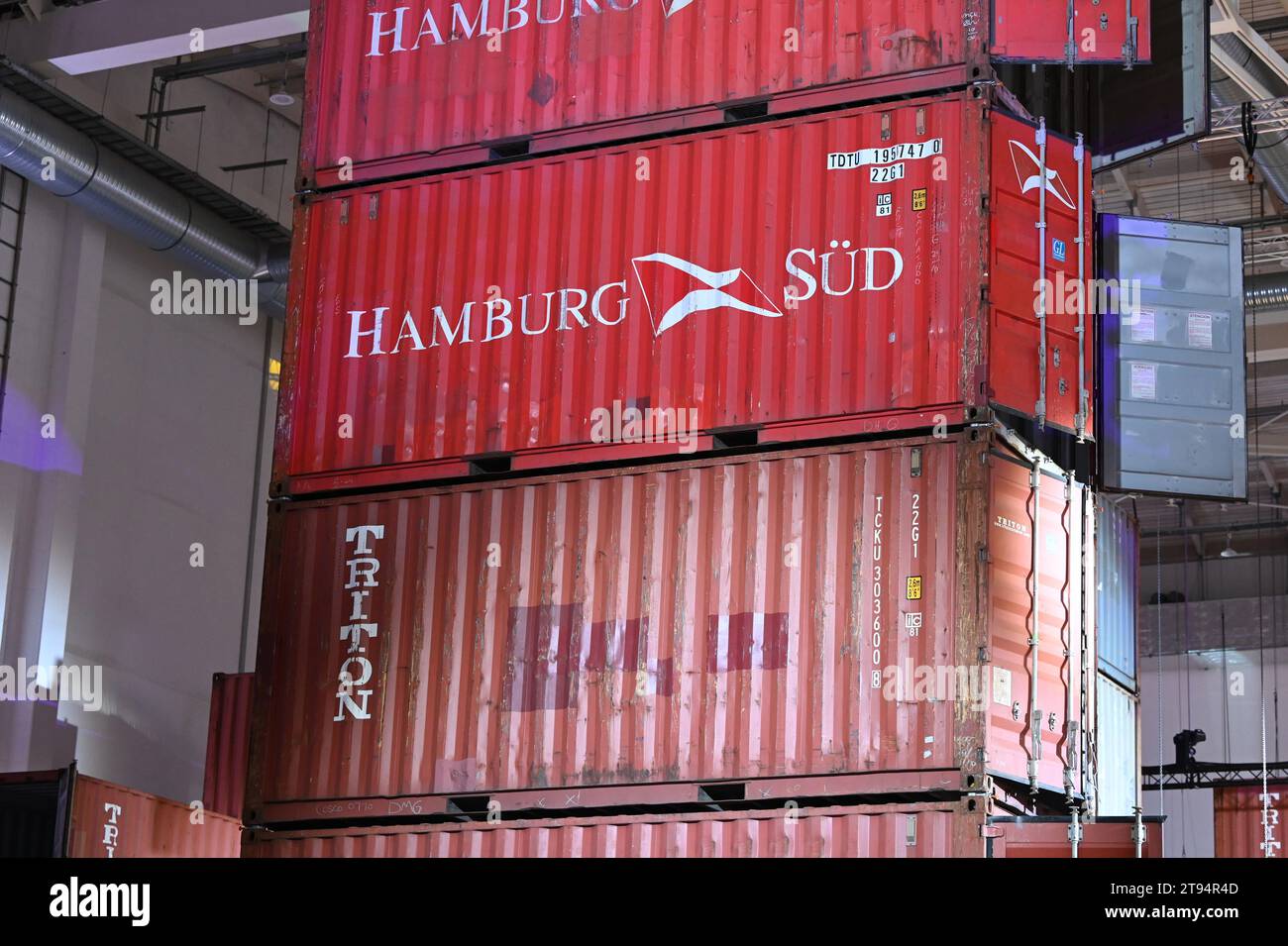 Freight containers stacked in a hall, Hamburg Stock Photo - Alamy