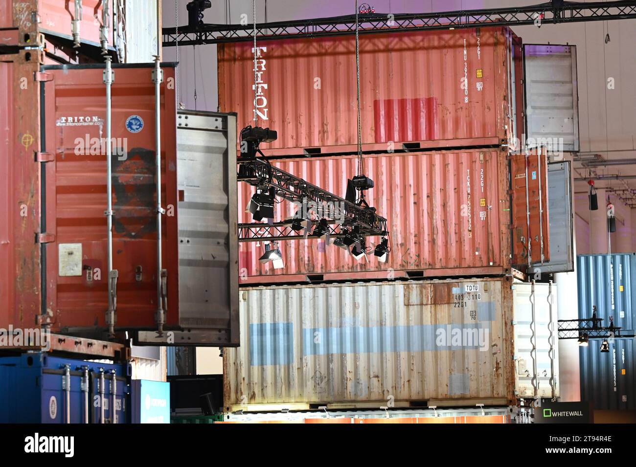 Freight containers stacked in a hall, Hamburg Stock Photo - Alamy