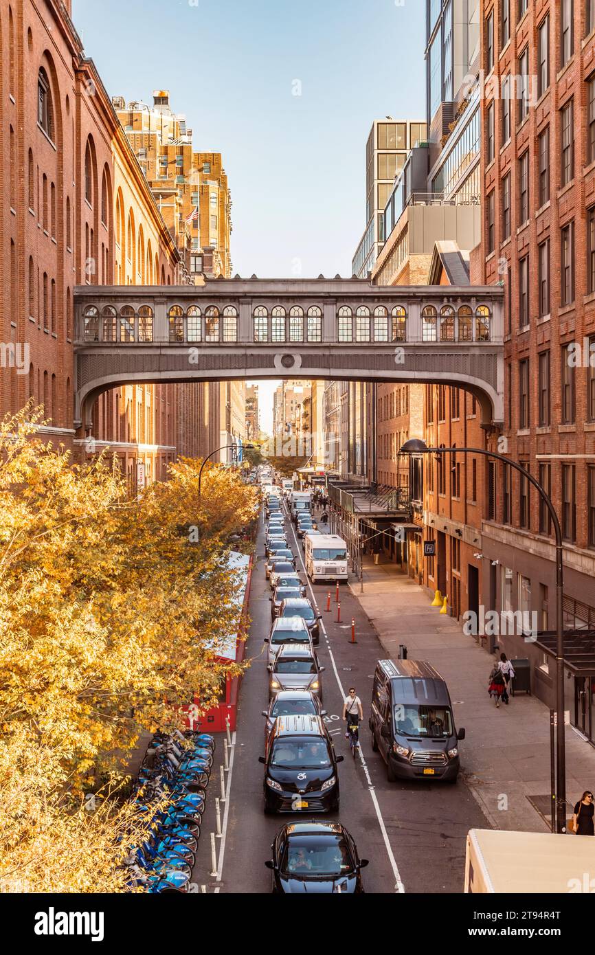 Skybridge or sky bridge photographed from the High Line, Chelsea Market ...