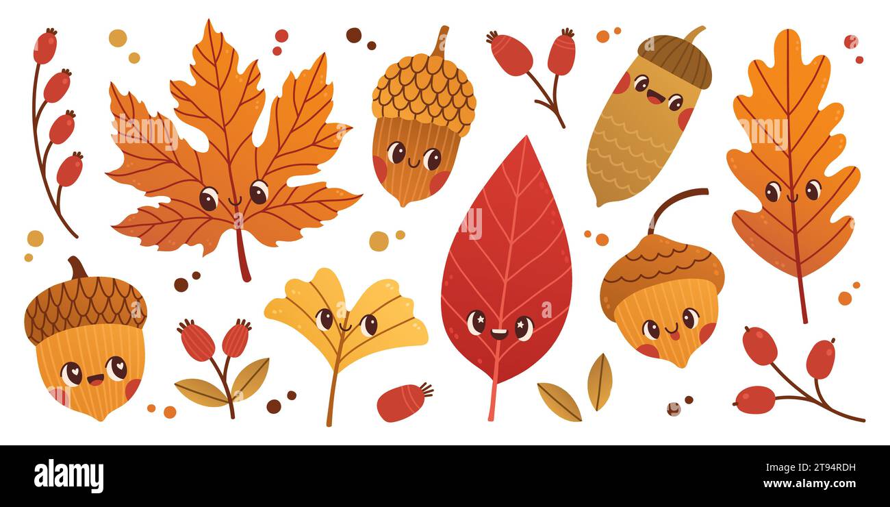 Cute cartoon leaves and acorns vector illustration. Oak, acorn, tree ...