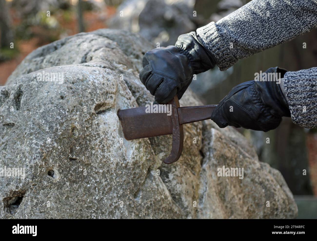 two hands with gloves of the knight trying to extract the mythical ...