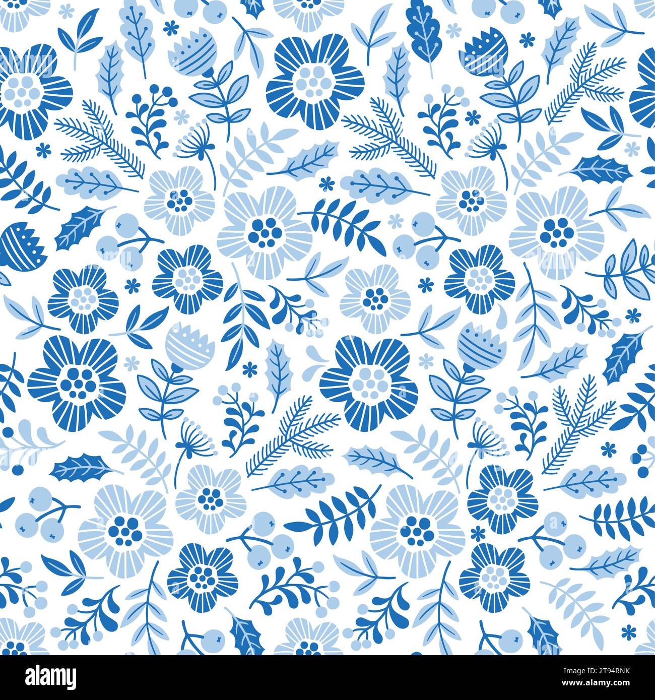 Seamless pattern of interweaving of stylized doodle blue flowers and ...
