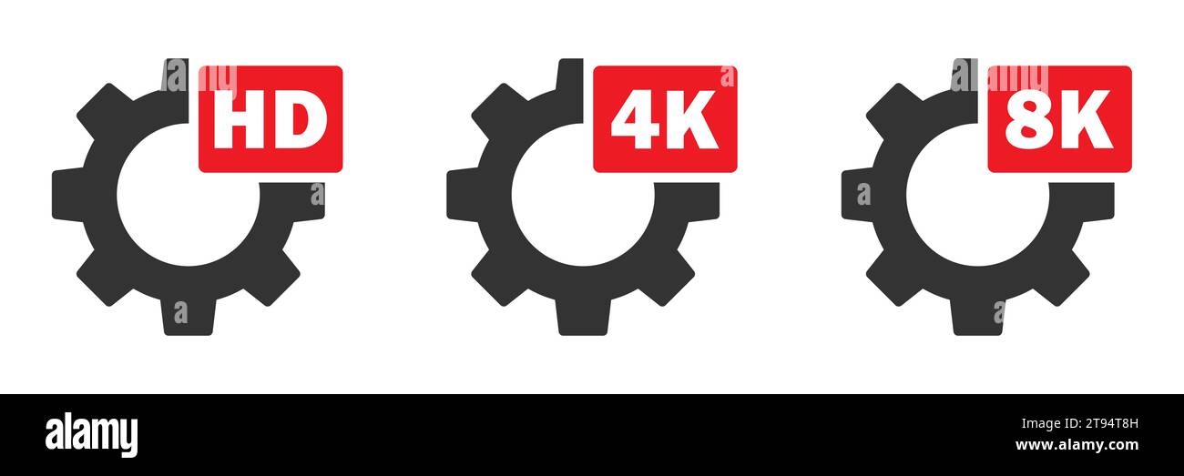 HD 4K 8K settings icon set. Gear sign with text. Vector illustration ...