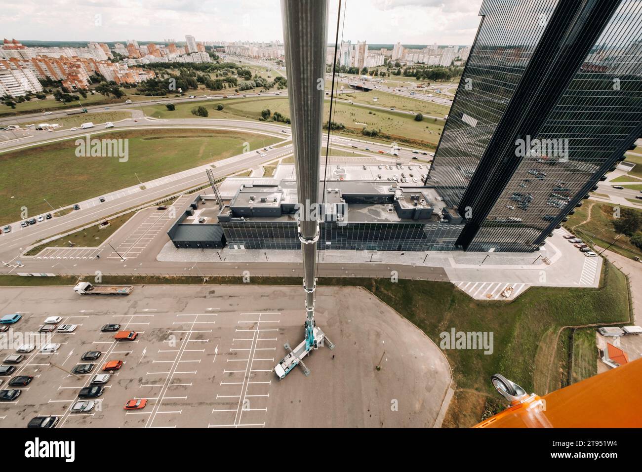 view from the height of the tallest car crane, which is open in the ...