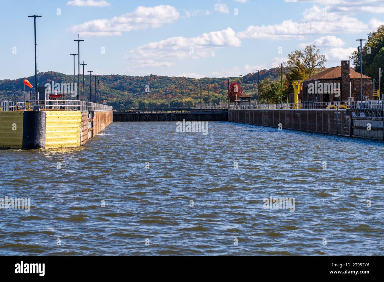 Sailing into the Lock and Dam no. 12 on Upper Mississippi near Hannibal ...