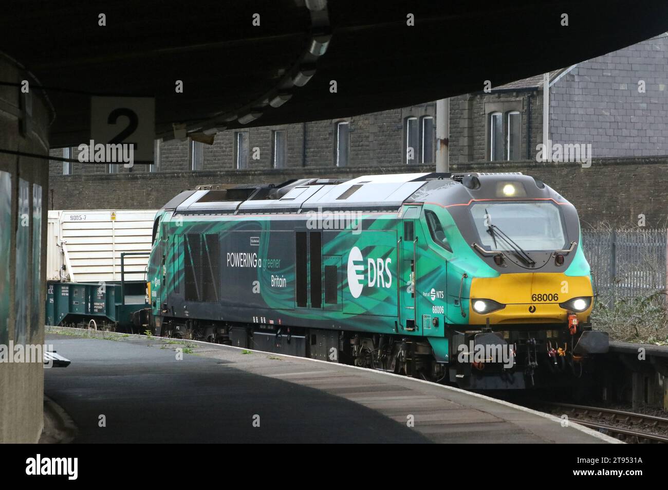 Nuclear Flask train at Carnforth station 22nd November 2023. DRS green ...
