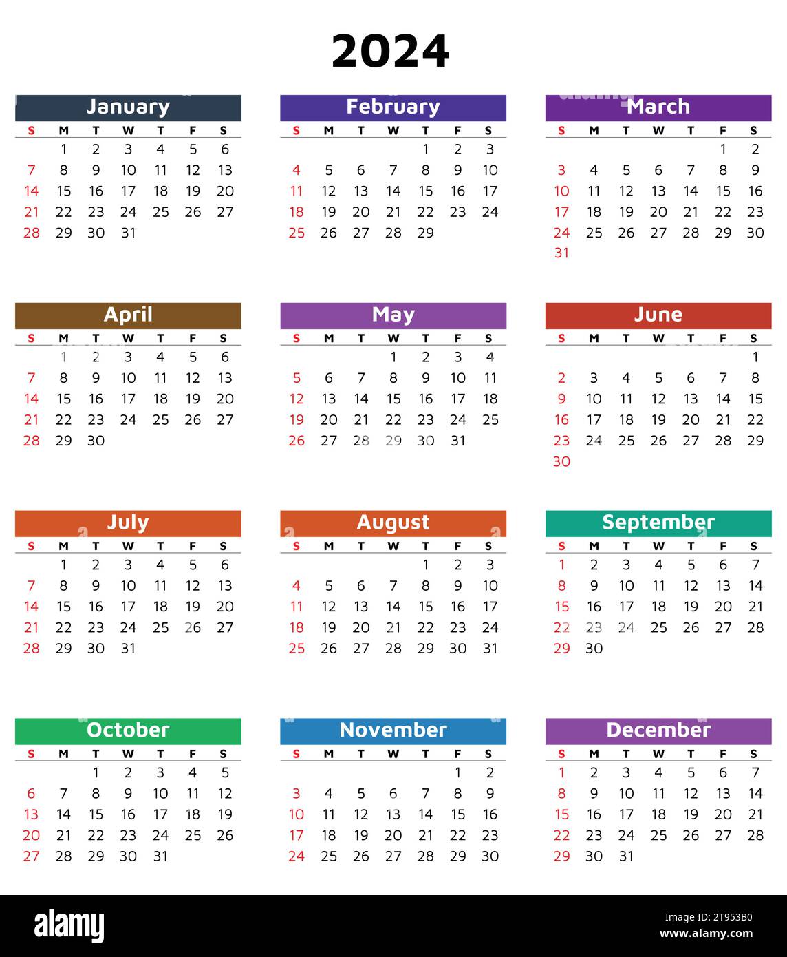 2024 month multi color calendar. Modern vector template illustration ...
