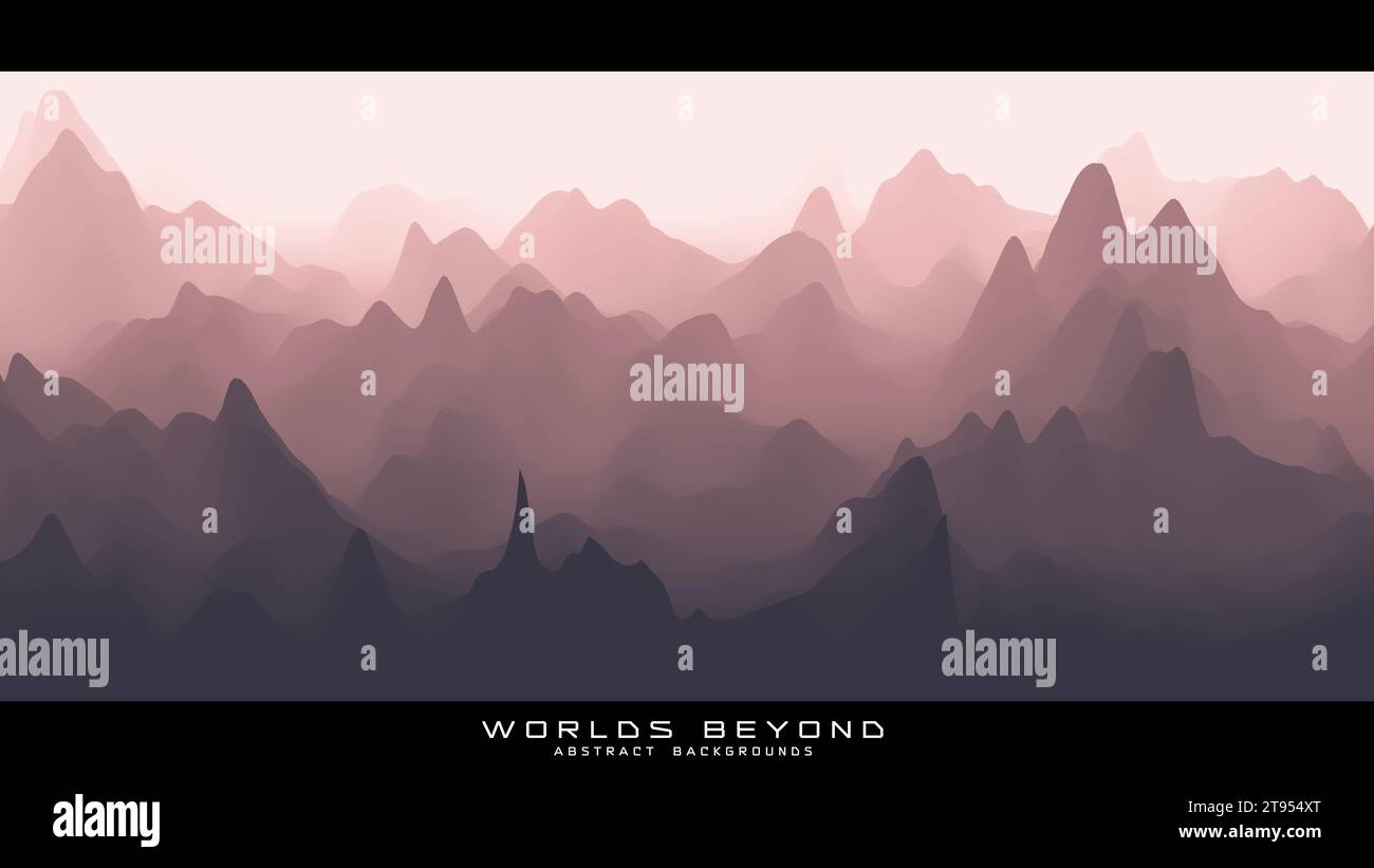 Abstract reddish landscape with misty fog till horizon over mountain ...