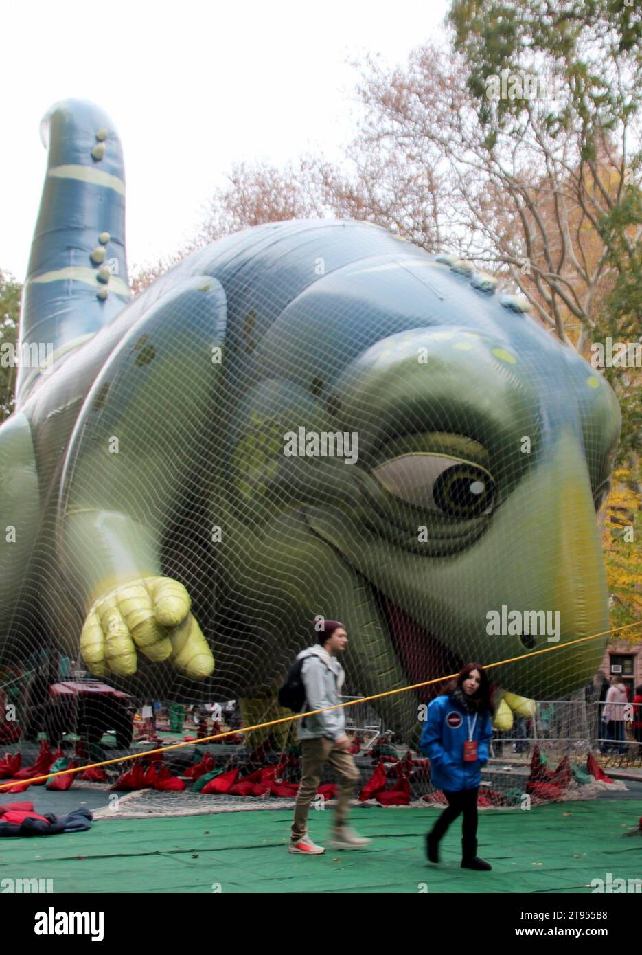 New York, USA. 22nd Nov, 2023. A giant helium balloon is prepared for ...