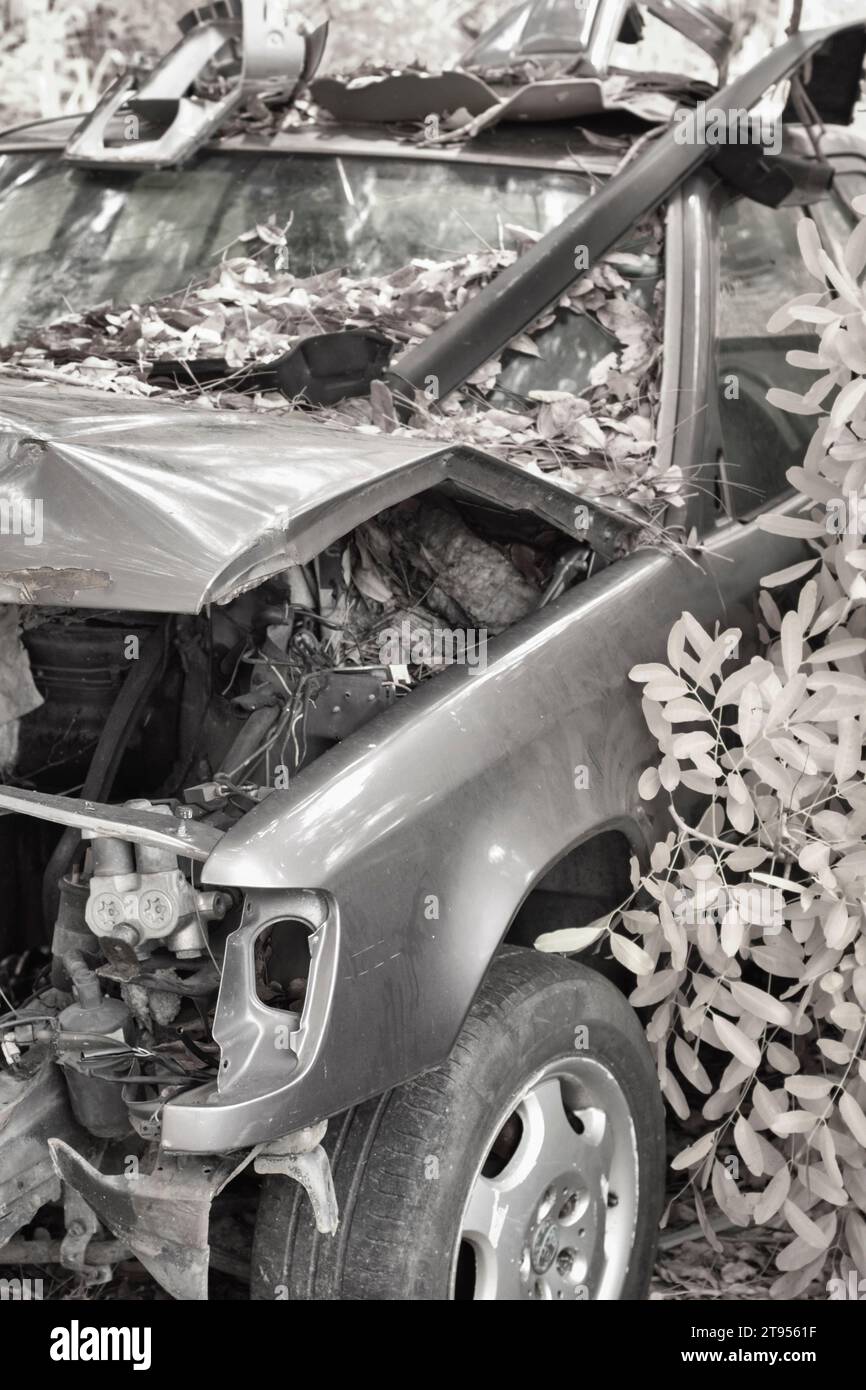 infrared image of the unrecognizable and wrecked cars beyond repair ...