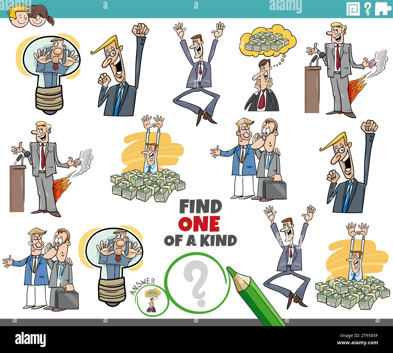 Cartoon illustration of find one of a kind picture educational activity ...