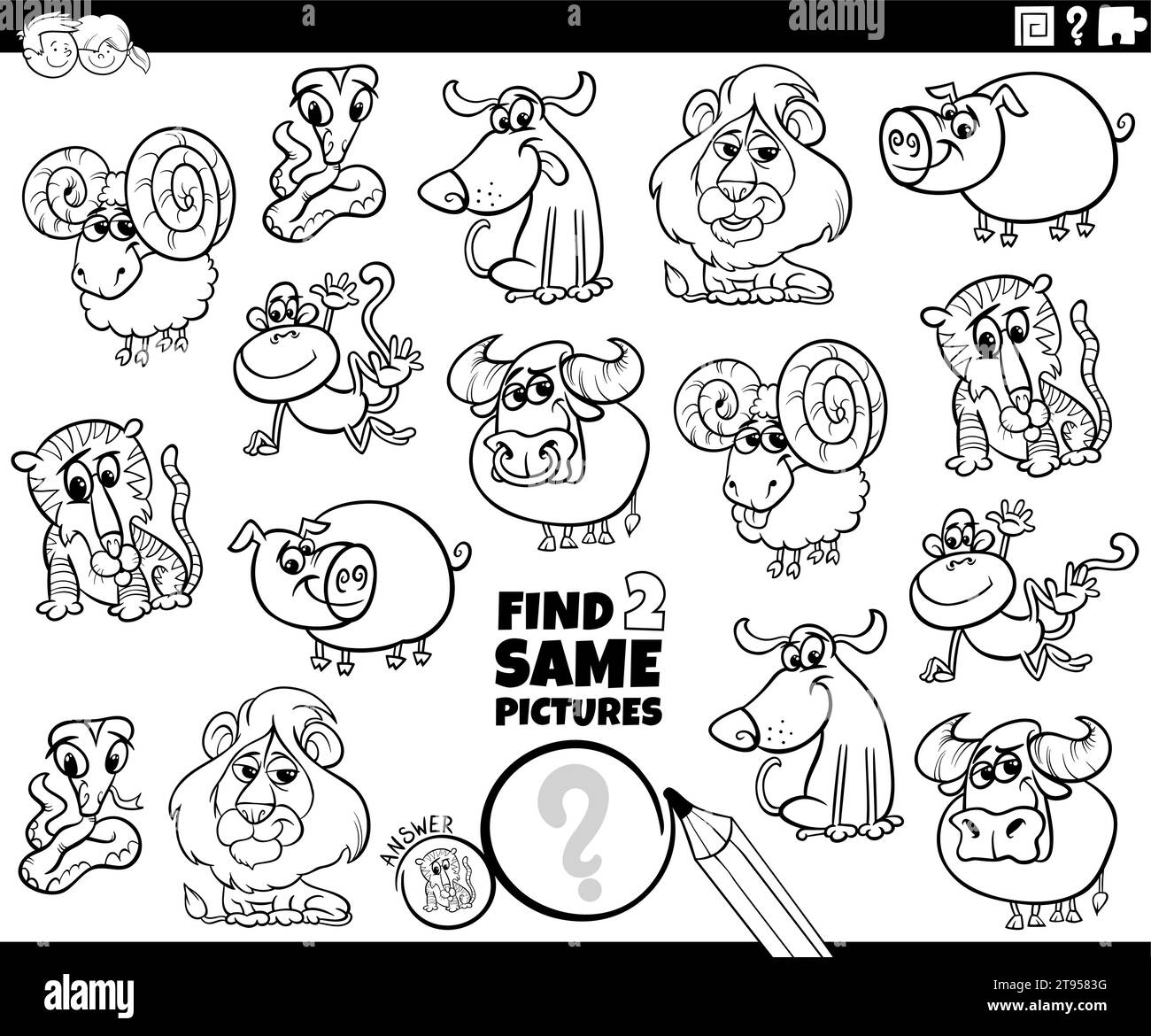 Cartoon illustration of finding two same pictures educational game with ...