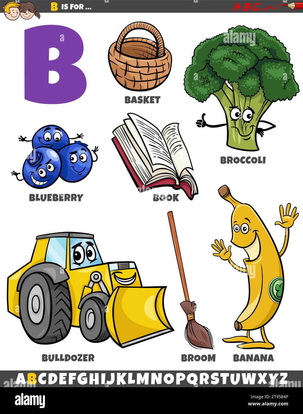 Cartoon illustration of objects and characters set for letter B Stock ...